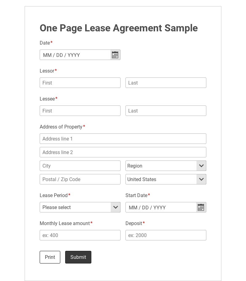 One Page Lease Agreement Template